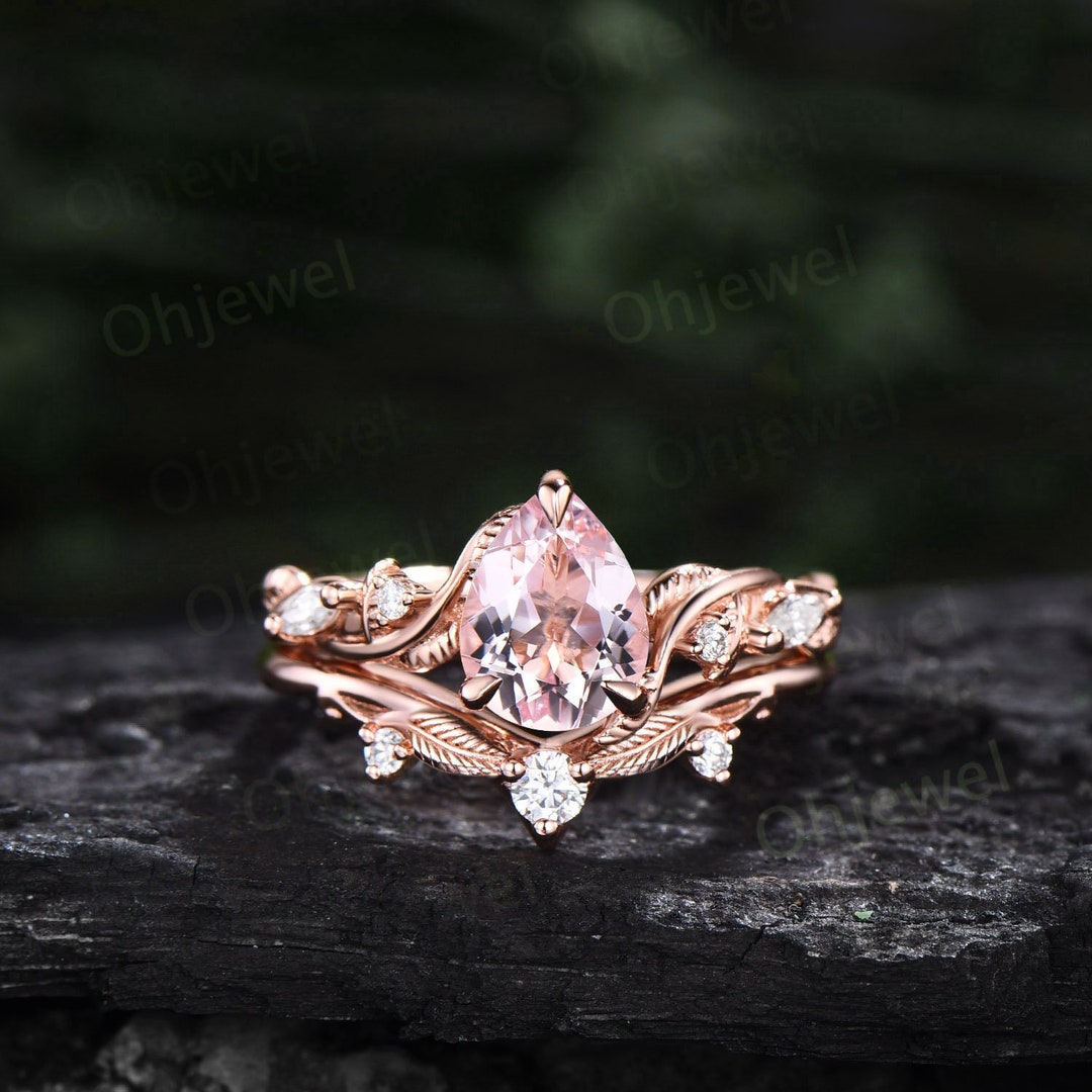 Unique Pear Shaped Pink Morganite Engagement Ring Set Solid 14k Rose ...