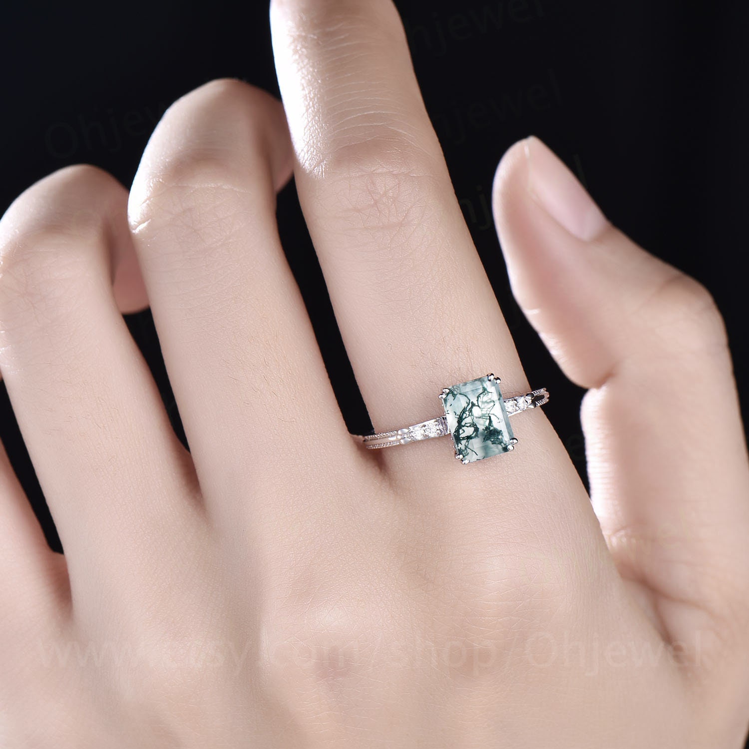 Green Moss Agate Ring 6x8 Emerald Cut Moss Agate Ring Unique Moss Agate ...