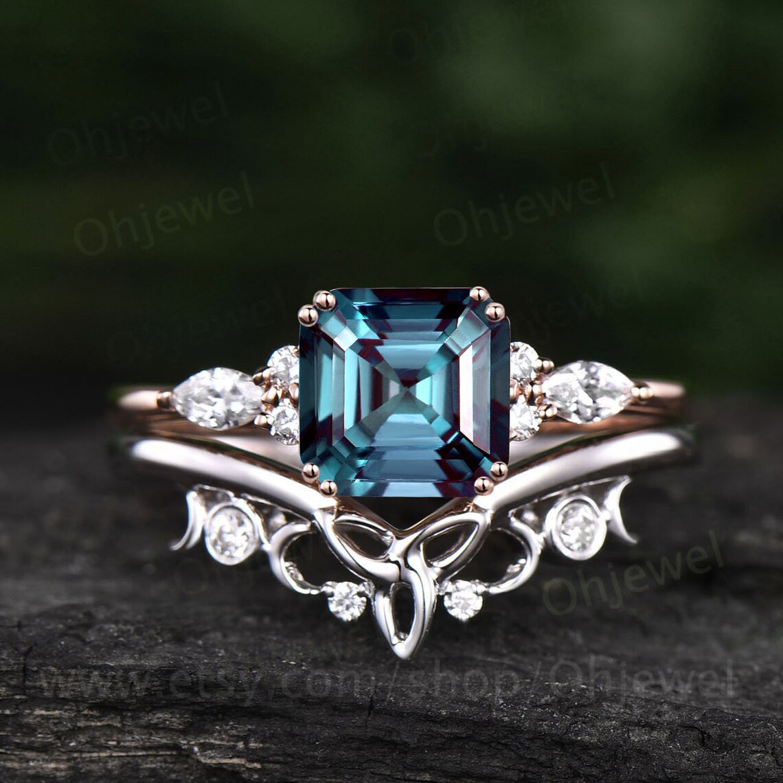 Asscher Cut Alexandrite Engagement Ring Set Solid 14k Rose Gold Art ...