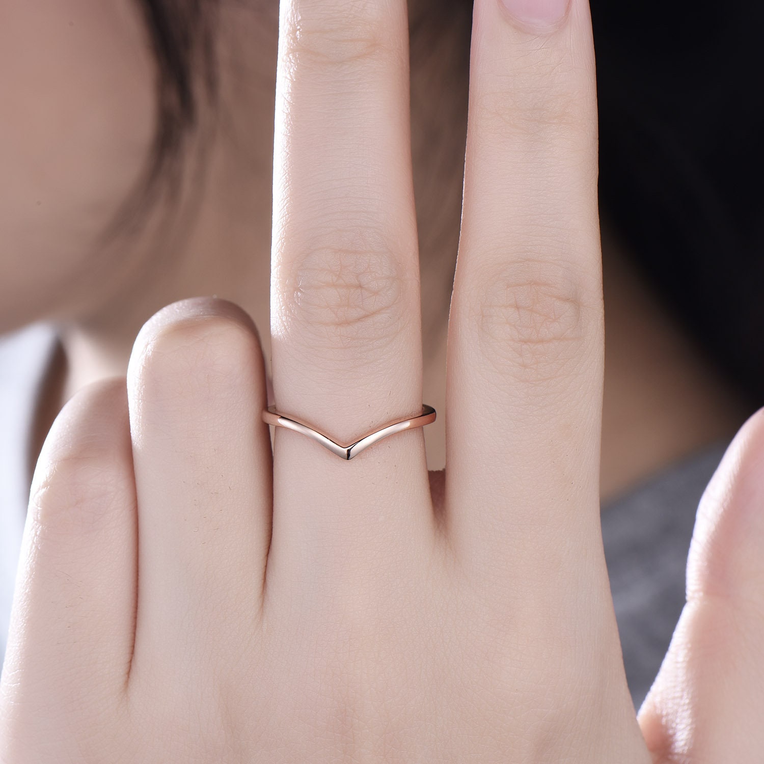 Curved V Shaped Wedding Band Solid 14k Rose Gold Solitaire - Etsy
