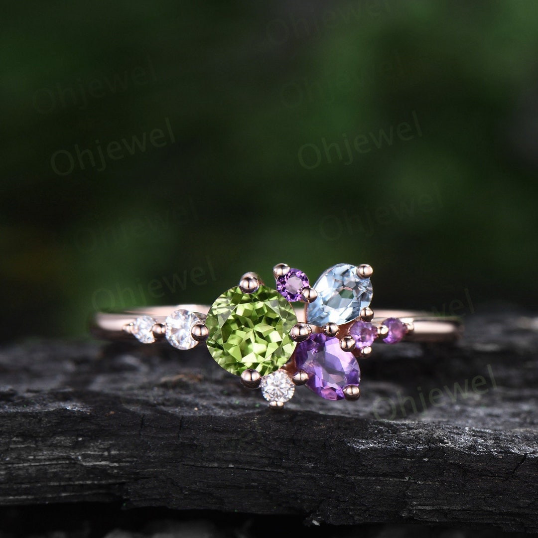 Round Peridot Ring Personalized Cluster Amethyst Ring Vintage Pear ...