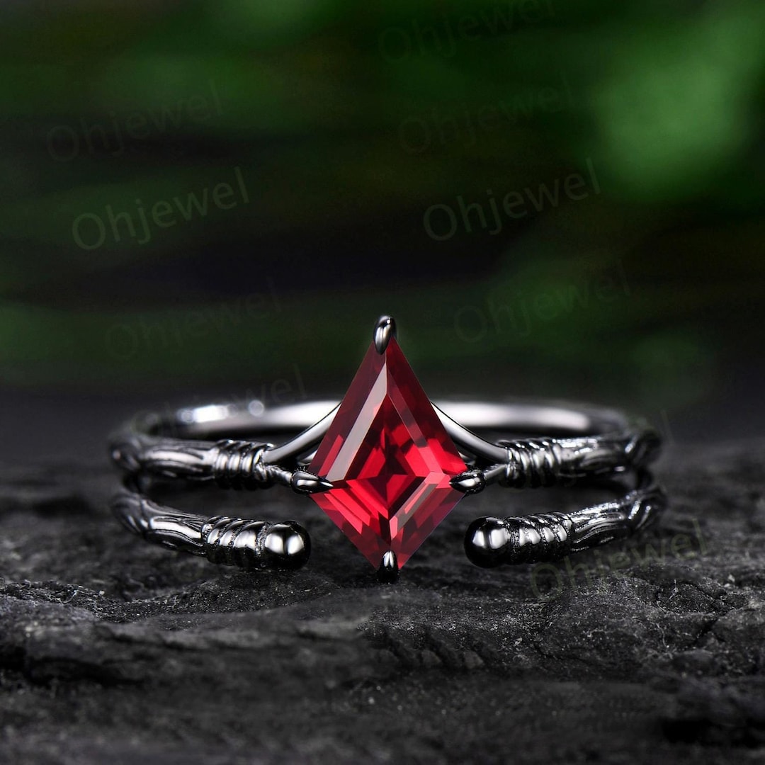 Vintage Kite Cut Red Ruby Engagement Ring Set 14k Black Gold Etched ...