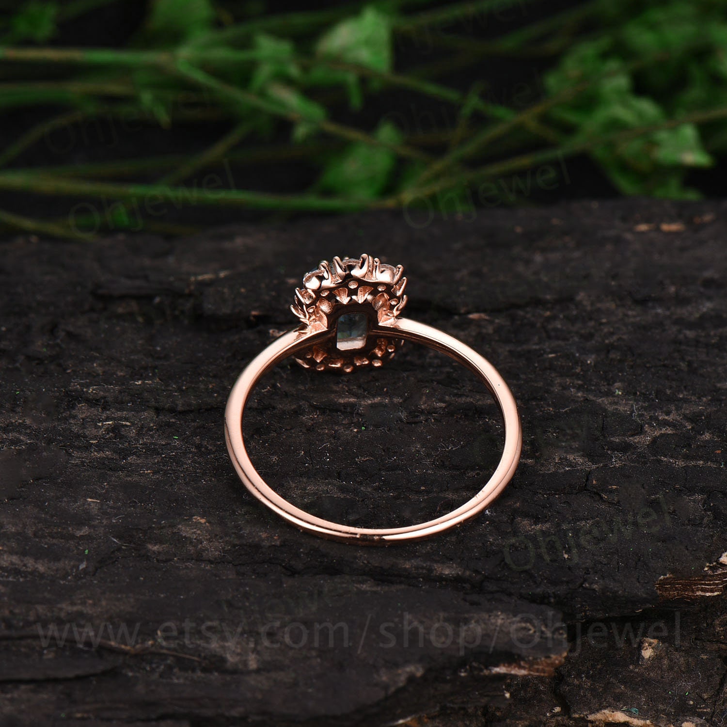 Cluster Halo Moissanite Ring Vintage Emerald Cut Alexandrite Engagement ...