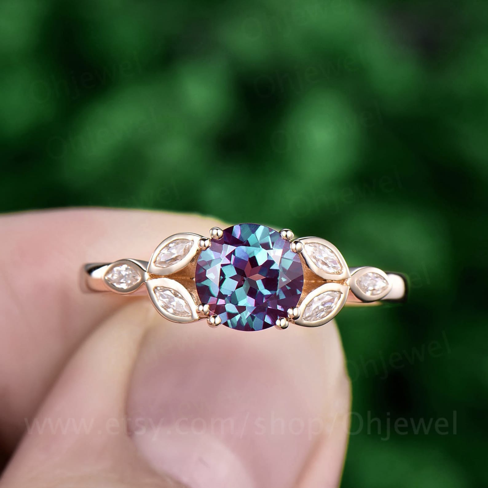Color Change Alexandrite Engagement Ring Rose Gold 14K/18K Flower ...