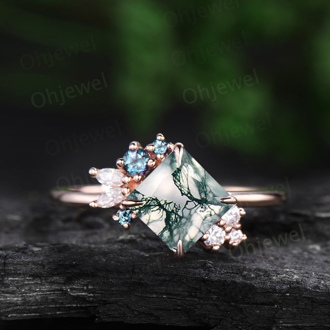 Unique Princess Cut Moss Agate Engagement Ring Solid 14k 18k Rose Gold ...