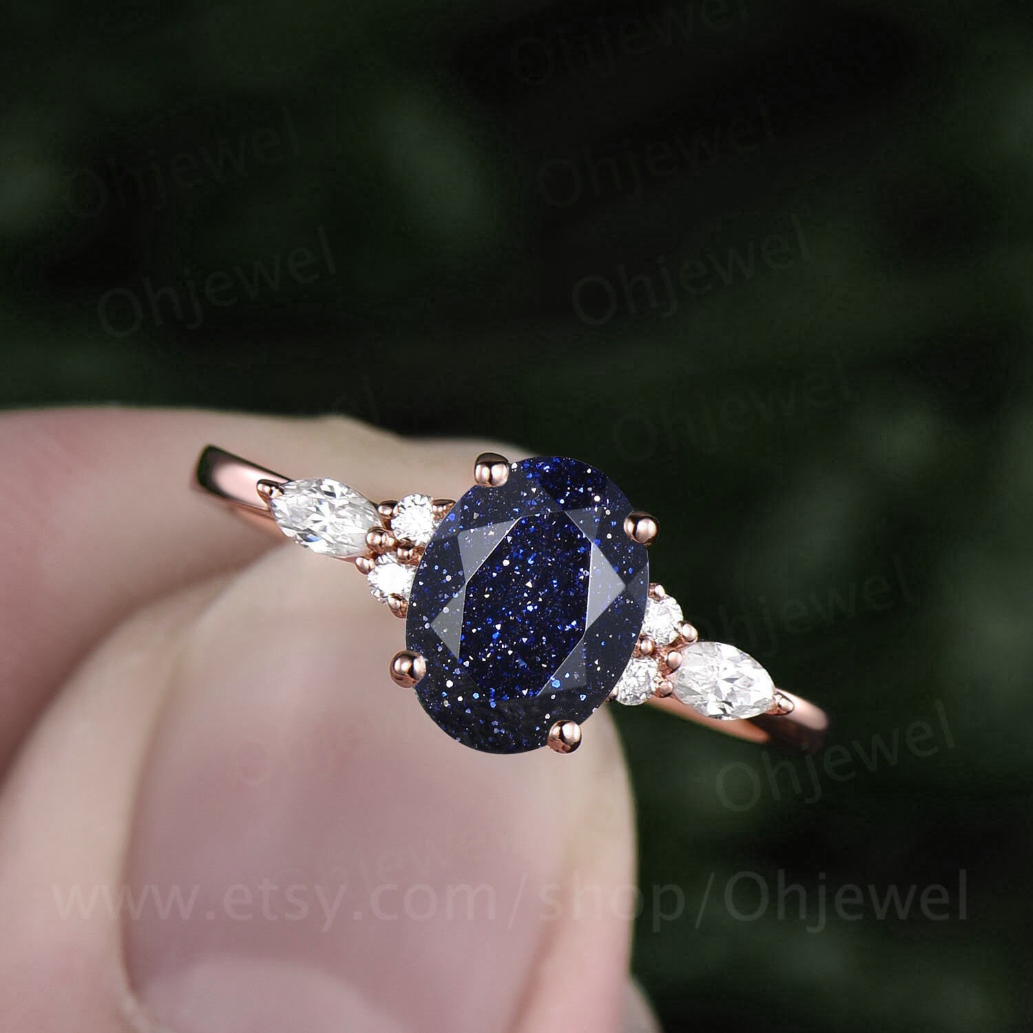 Unique Oval Cut Blue Sandstone Engagement Ring Set 14k Rose Gold Black ...