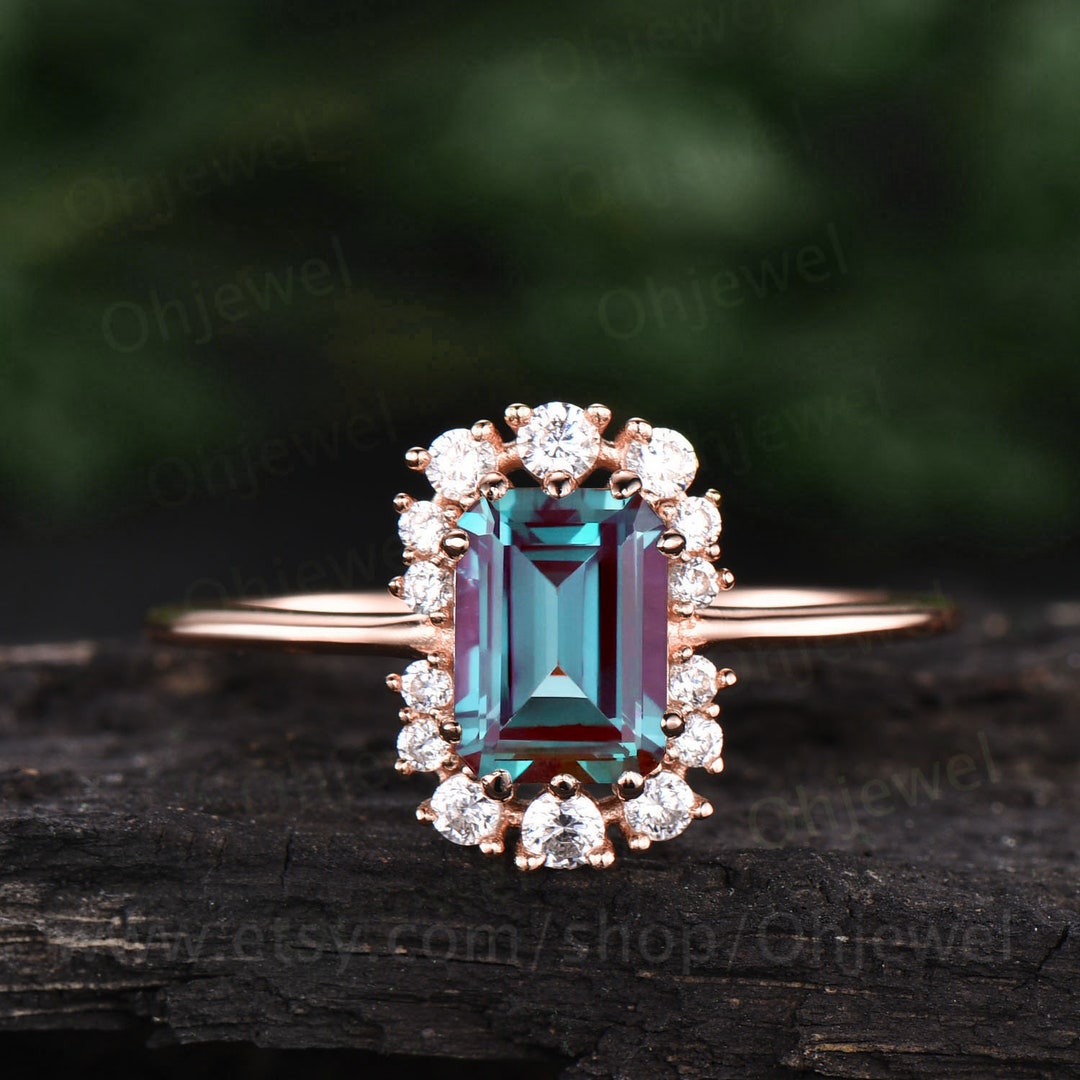 Cluster Halo Moissanite Ring Vintage Emerald Cut Alexandrite Engagement ...