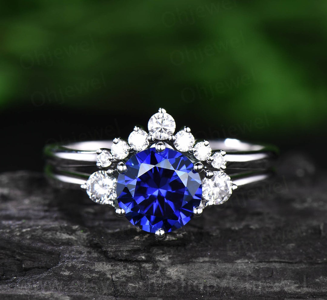Vintage Unique Three Stone Engagement Ring 2pcs Sapphire Engagement ...