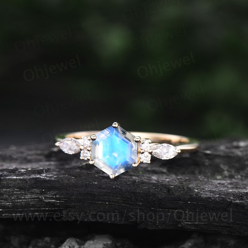 Vintage Hexagon Cut Moonstone Engagement Ring 14k Rose Gold 6 - Etsy
