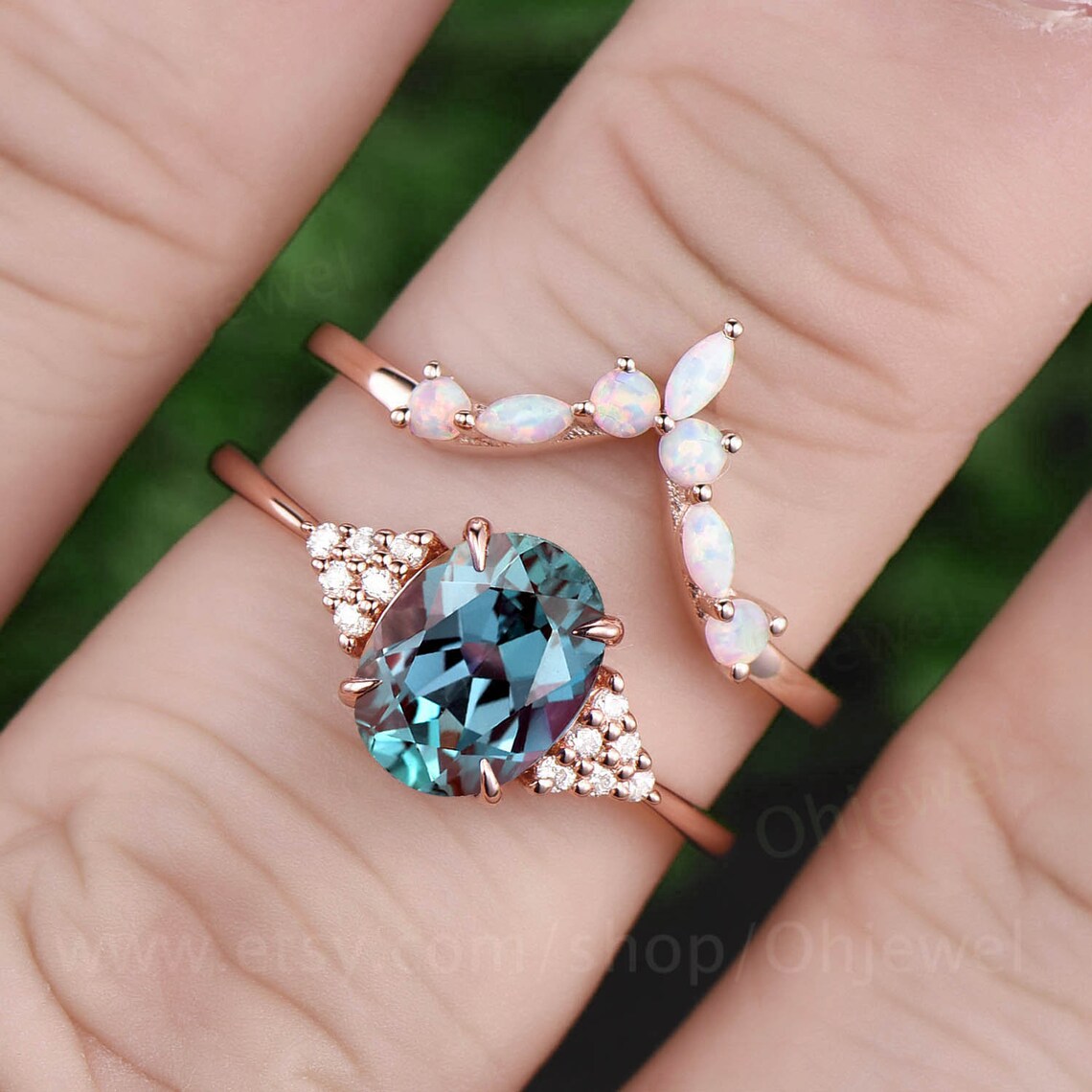 2pcs Alexandrite Engagement Ring Set Vintage Opal Ring for Women Rose ...