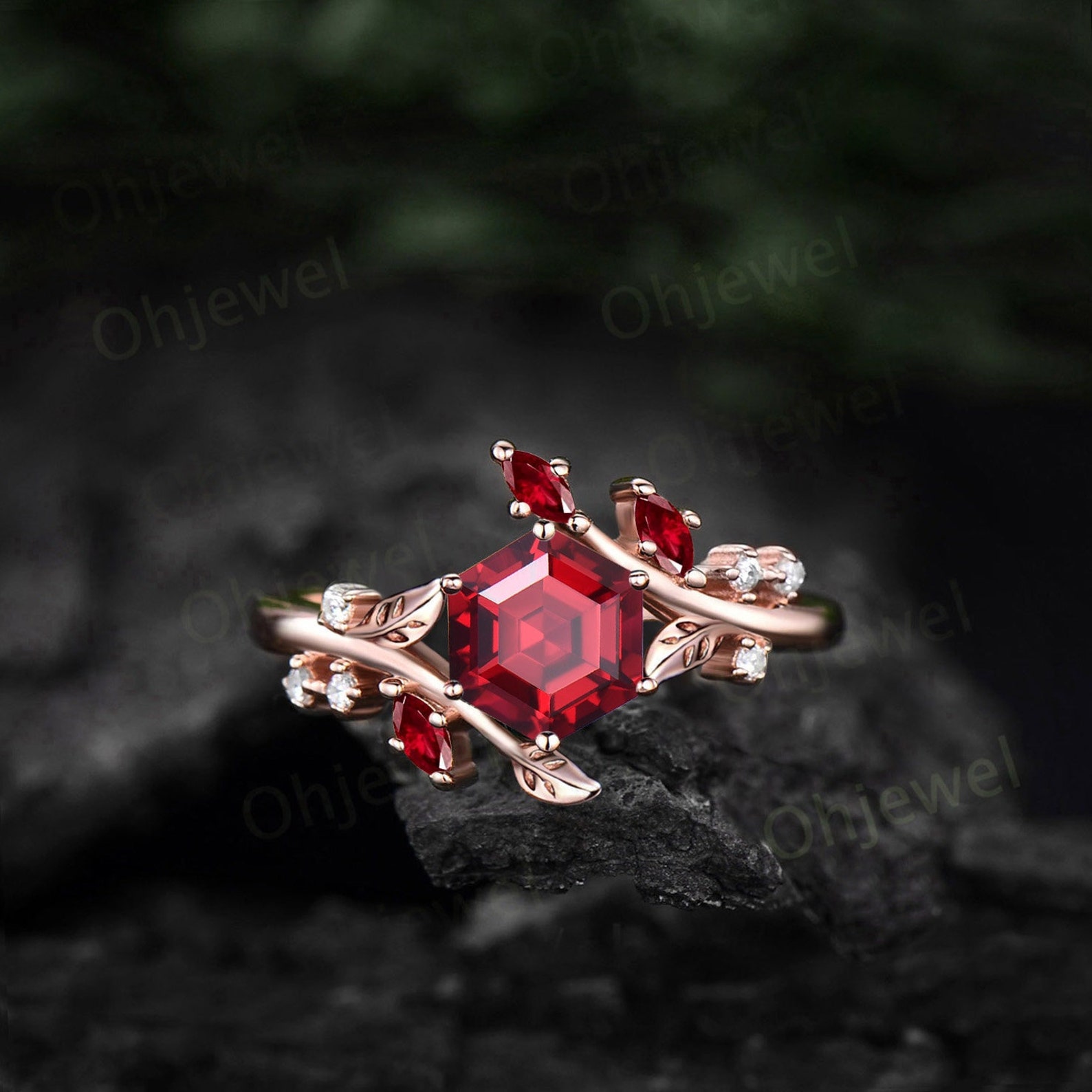 Hexagon Cut Red Ruby Engagement Ring Solid 14k Rose Gold Branch Leaf ...