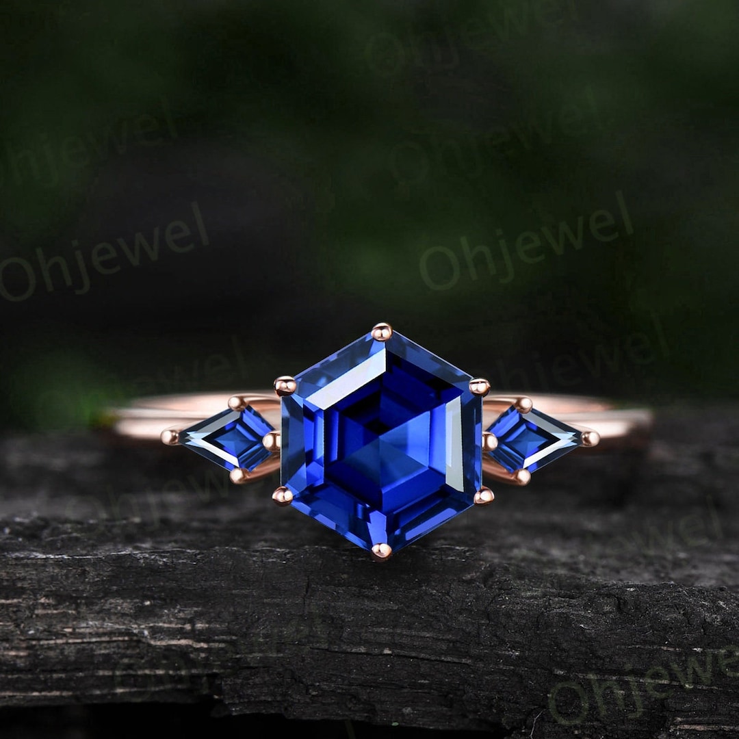 Vintage Hexagon Sapphire Engagement Ring Minimalist Three Stone Ring ...
