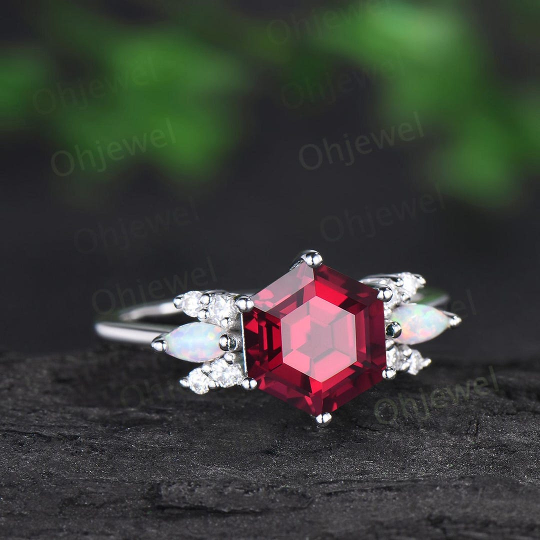 Hexagon Cut Red Ruby Engagement Ring White Gold Cluster Marquise Opal ...