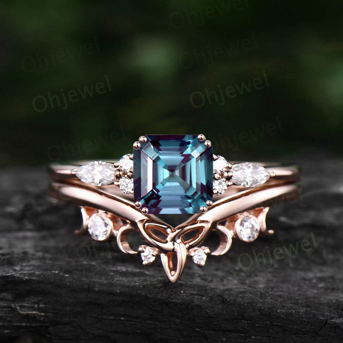 Asscher Cut Alexandrite Engagement Ring Set Solid 14k Rose Gold Art ...