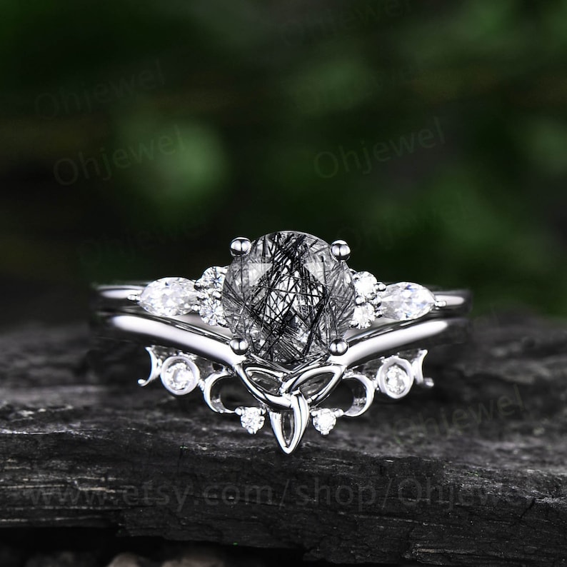 Vintage Round Black Rutilated Quartz Engagement Ring Set 14k - Etsy