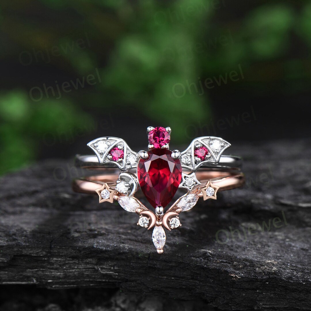 Vintage Pear Shaped Red Ruby Engagement Ring White Gold Wing Moon Star ...