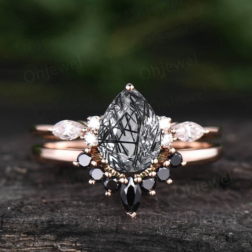 Unique Black Rutilated Quartz Ring Set/silver Black Engagement - Etsy