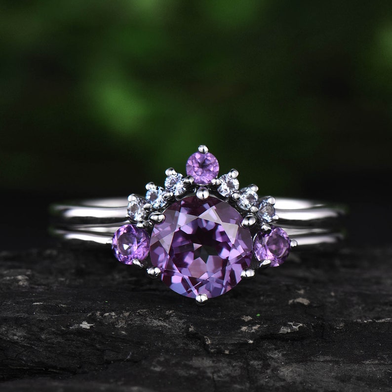 Vintage Unique Three Stone Engagement Ring Color Change 7mm Alexandrite ...