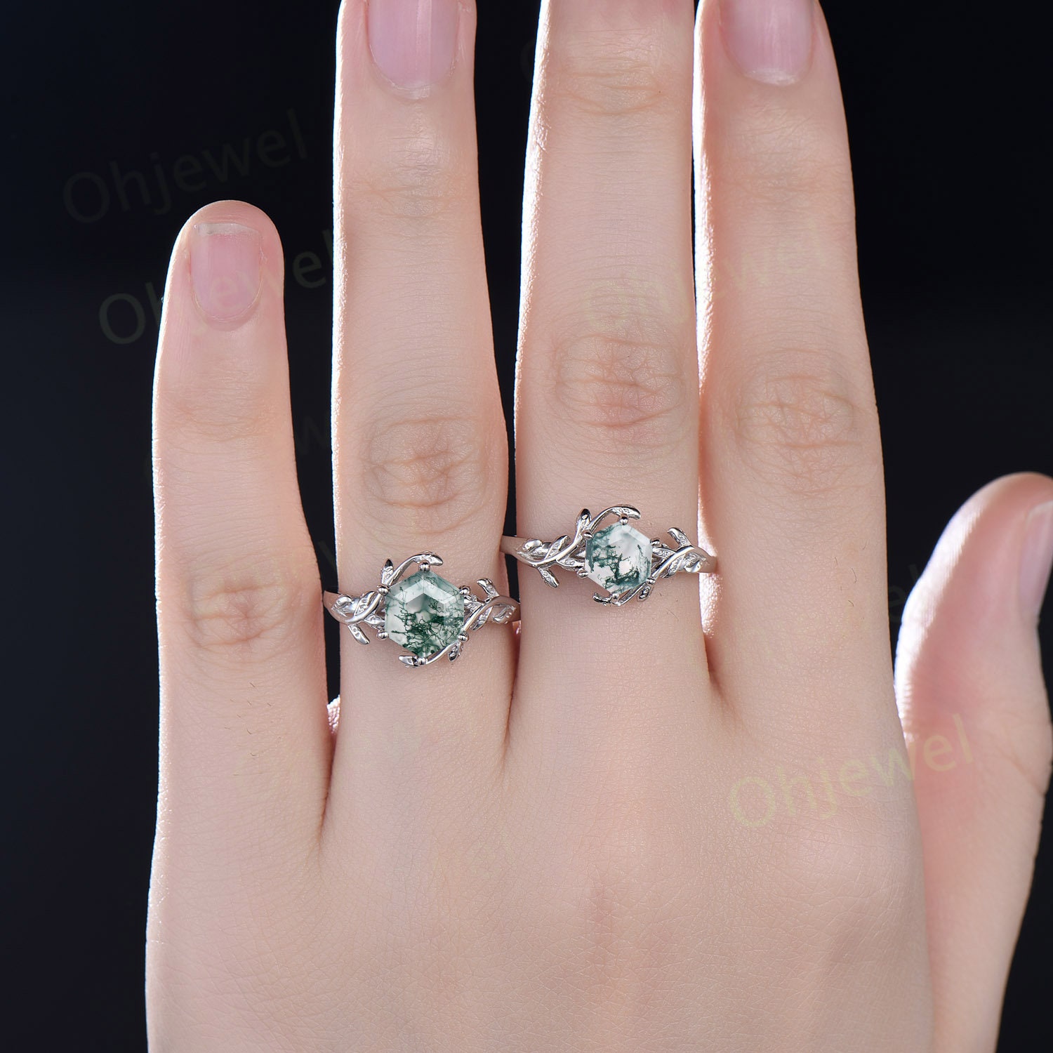 Hexagon Moss Agate Engagement Ring Leaf Flower Rose Gold Silver Unique ...
