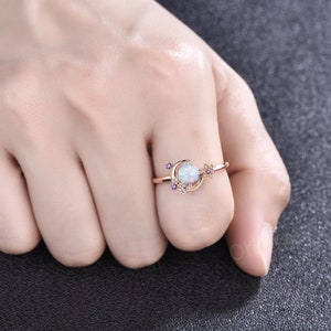 Round Opal Ring Vintage Cluster Amethyst Ring Rose Gold Unique Moon Engagement Ring Retro Star ...