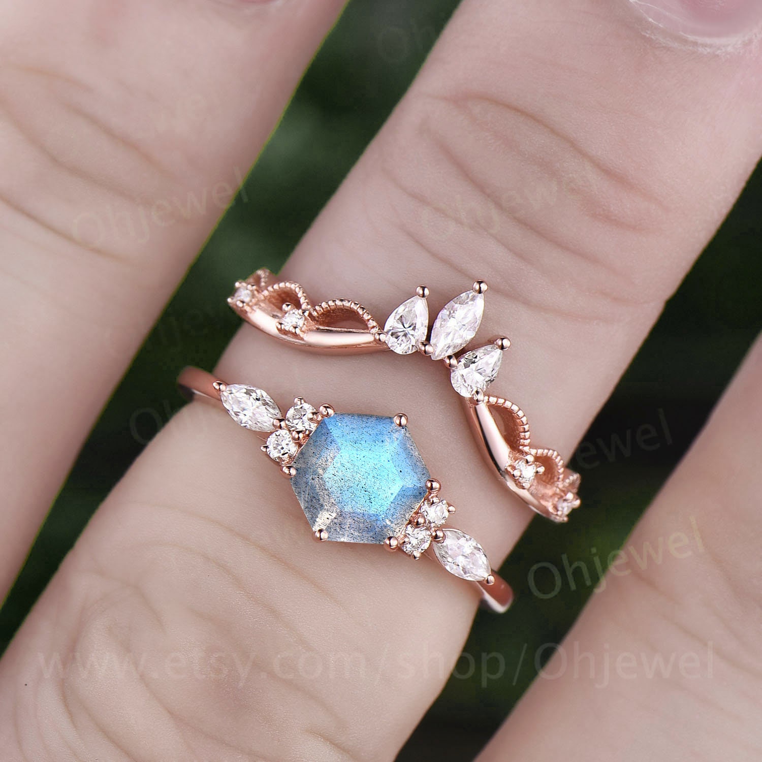 Hexagon Labradorite Engagement Ring Set Vintage Labradorite - Etsy