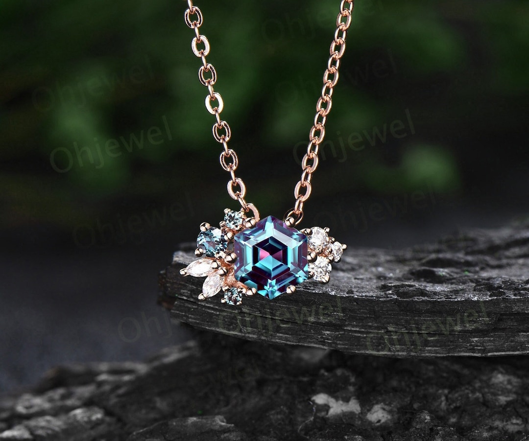 Hexagon Cut Alexandrite Necklace Gold Silver Women Vintage Unique Art ...