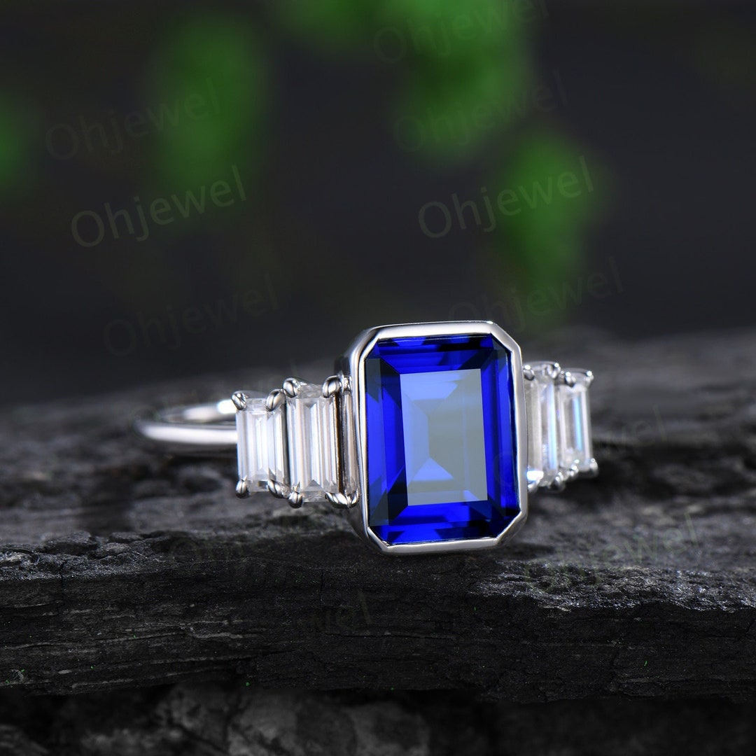 Emerald Cut Blue Sapphire Engagement Ring White Gold Minimalist Bezel ...