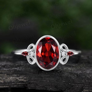 Oval Red Garnet Ring Vintage Rose Gold Bezel Unique Engagement Ring Art ...