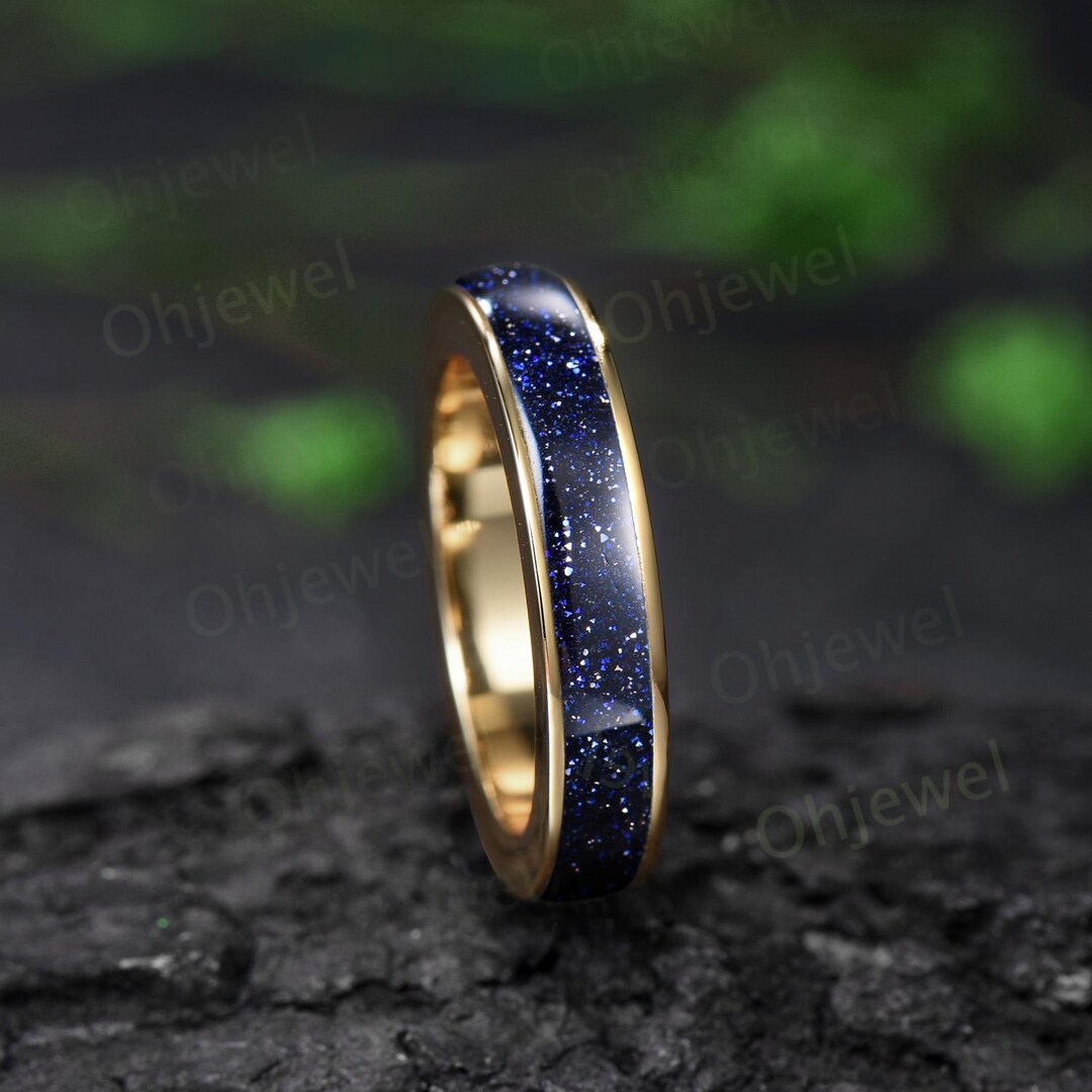 Full Eternity Blue Sandstone Wedding Band Mens Solid 10k 14k Yellow Gold Ring Blue Goldstone ...