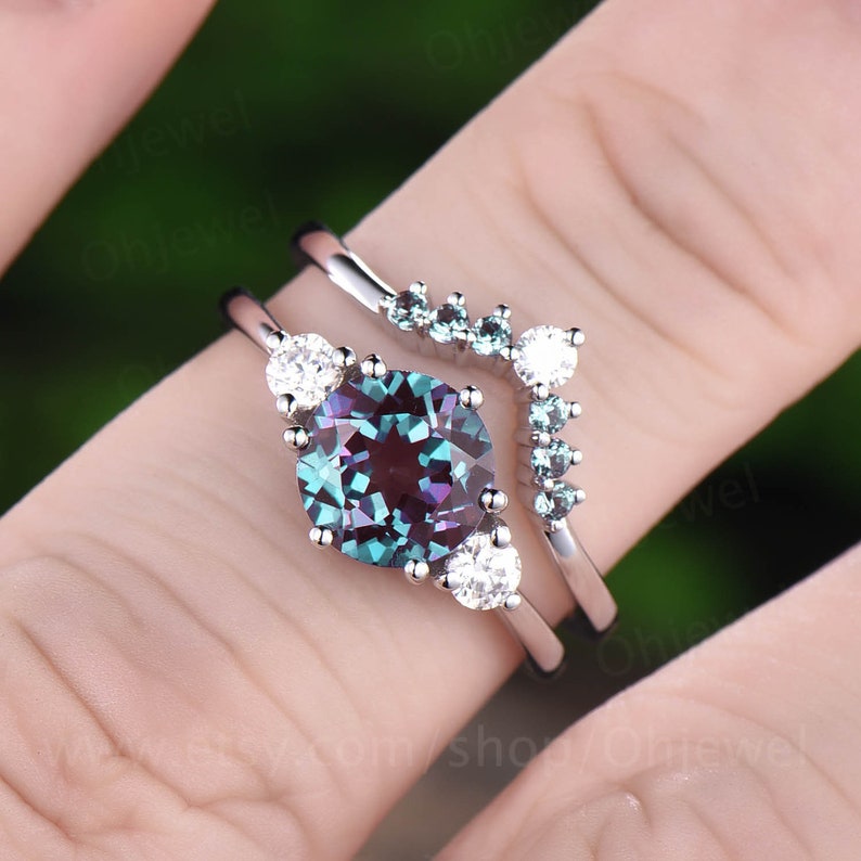 Vintage alexandrite engagement ring set 14k white gold three | Etsy