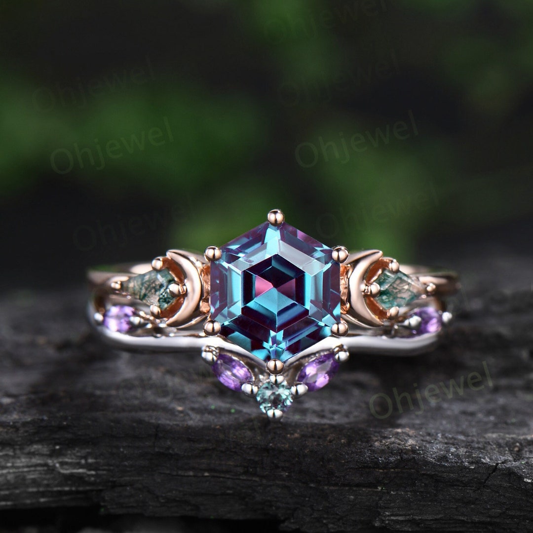 Vintage Hexagon Cut Alexandrite Engagement Ring Moon Three Stone Kite ...
