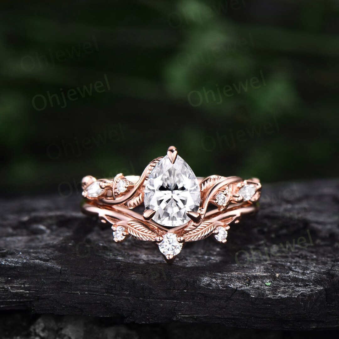 Unique Pear Shaped Moissanite Engagement Ring Set Solid 14k Rose Gold ...