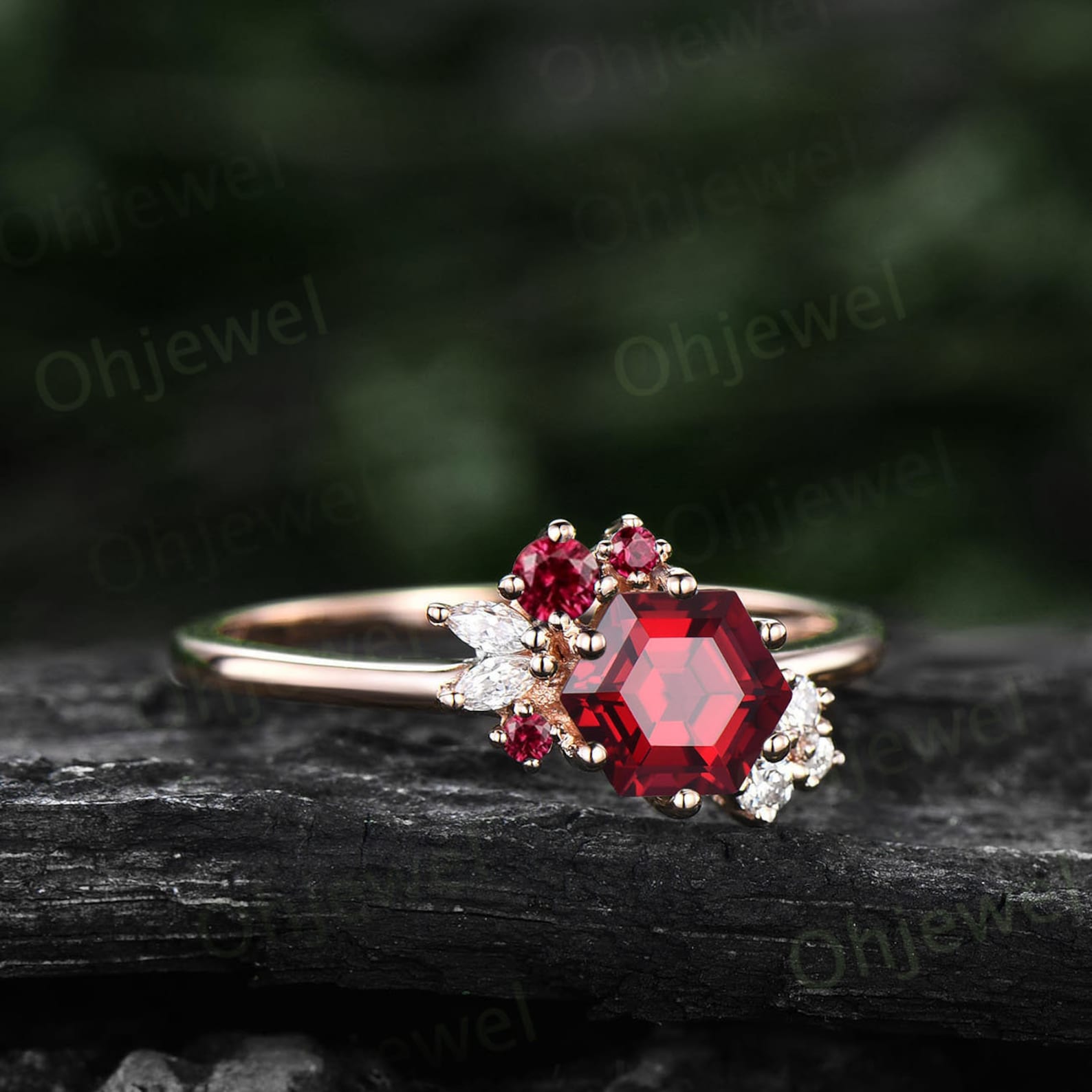 Hexagon Cut Red Ruby Ring Gold Silver for Women Vintage Unique Ruby ...