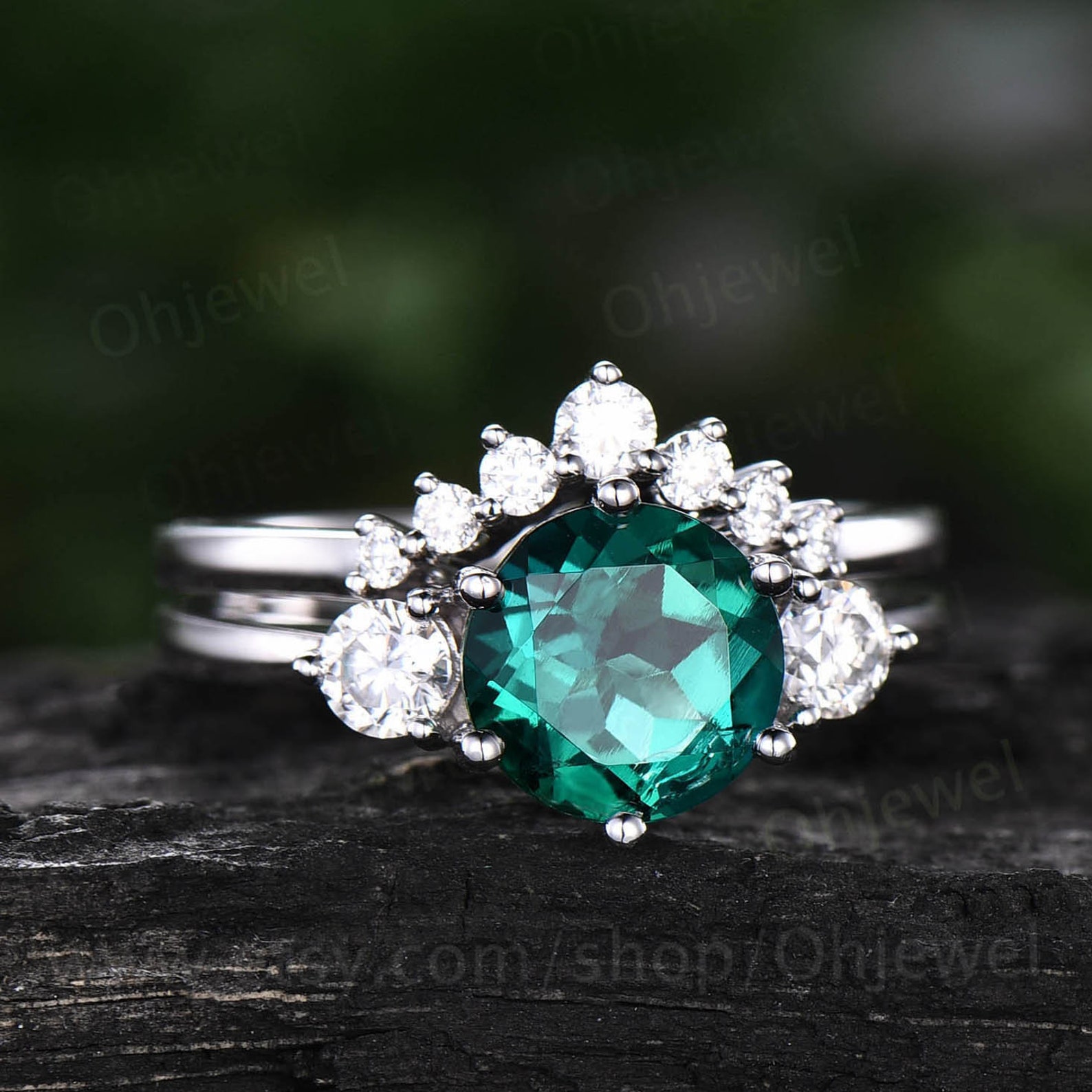 Three Stone Emerald Engagement Ring Set Rose Gold 14K/18K | Etsy