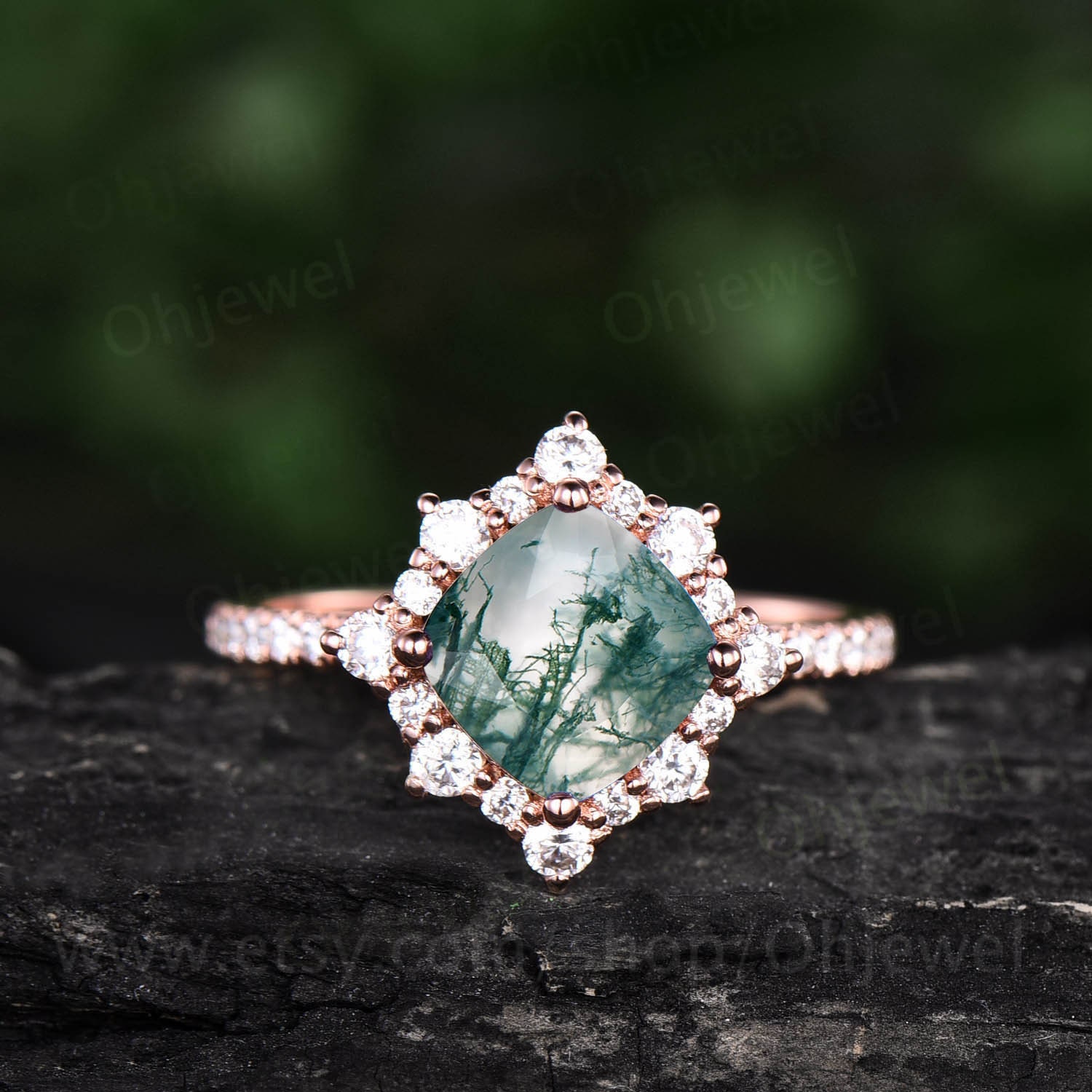 Cushion Cut Moss Agate Ring for Women Vintage Moss Agate Engagement ...