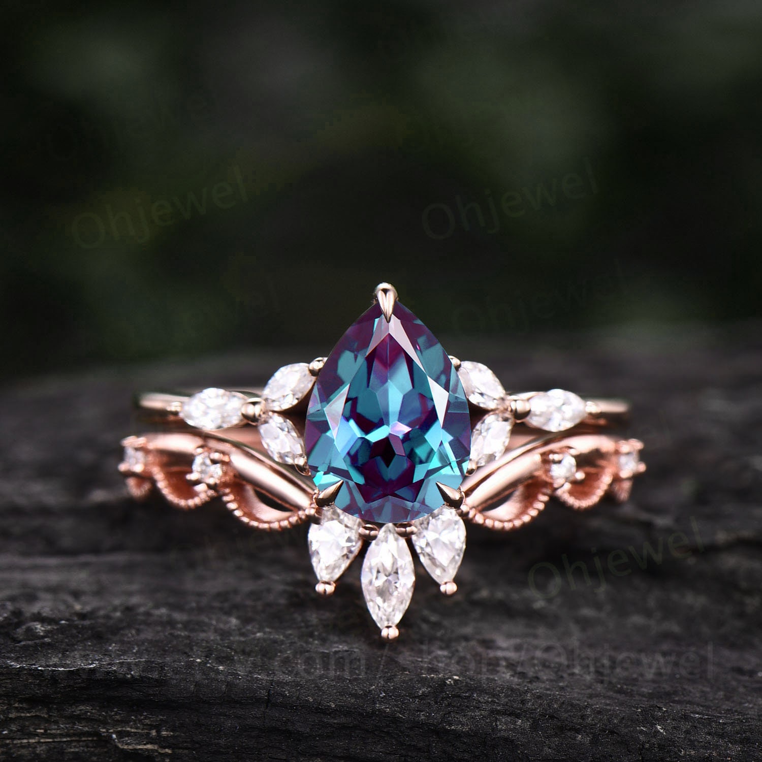 Vintage Pear Alexandrite Engagement Ring Set Flower Marquise | Etsy