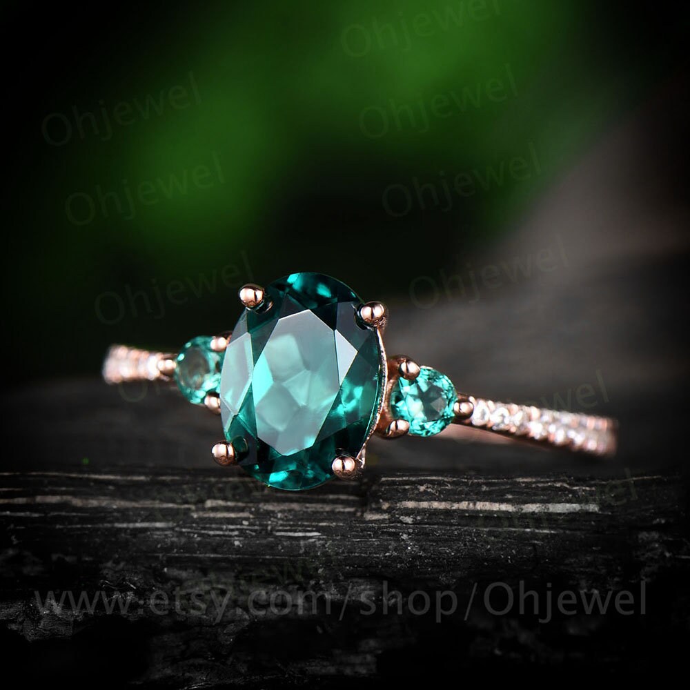 Three Stone Emerald Engagement Ring Rose Gold 14K/18K May - Etsy