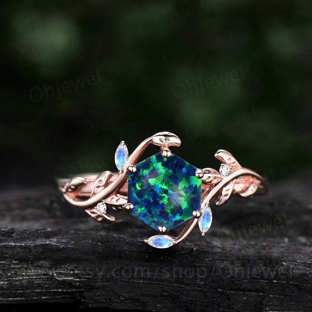 Vintage Hexagon Black Opal Engagement Ring Art Deco Nature Inspired ...