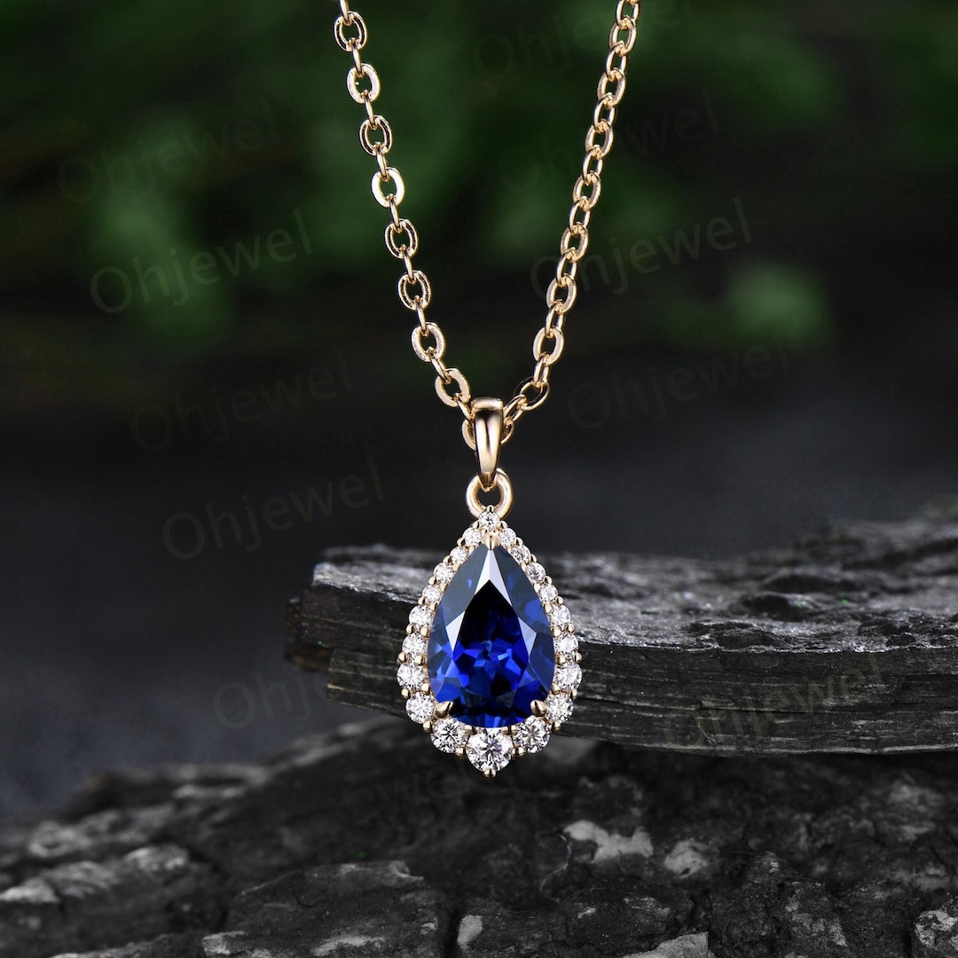 Pear Cut Blue Sapphire Necklace Snowdrift Halo Diamond Moissanite ...