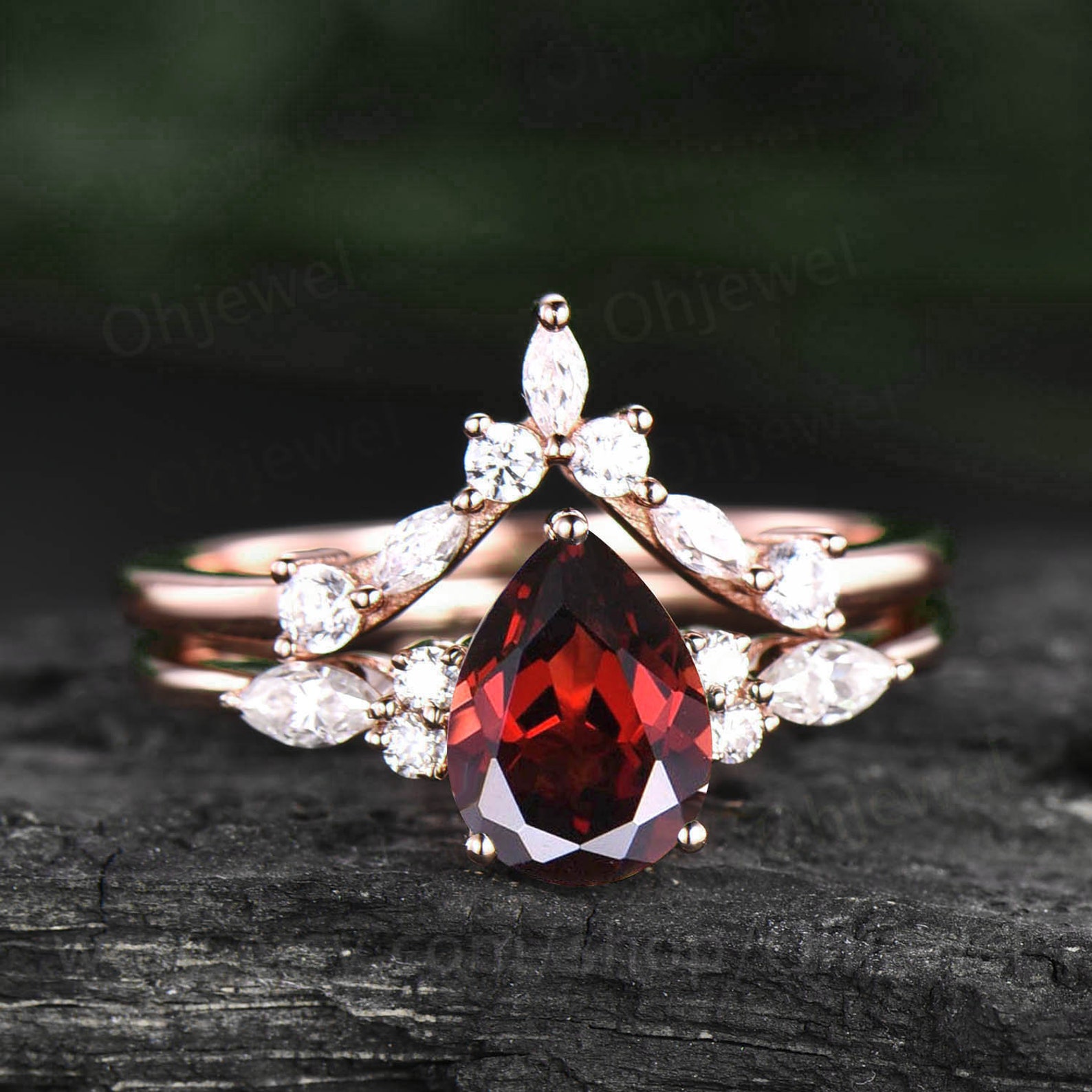 Pear Cut Garnet Engagement Ring Set Vintage Garnet Ring Gold - Etsy