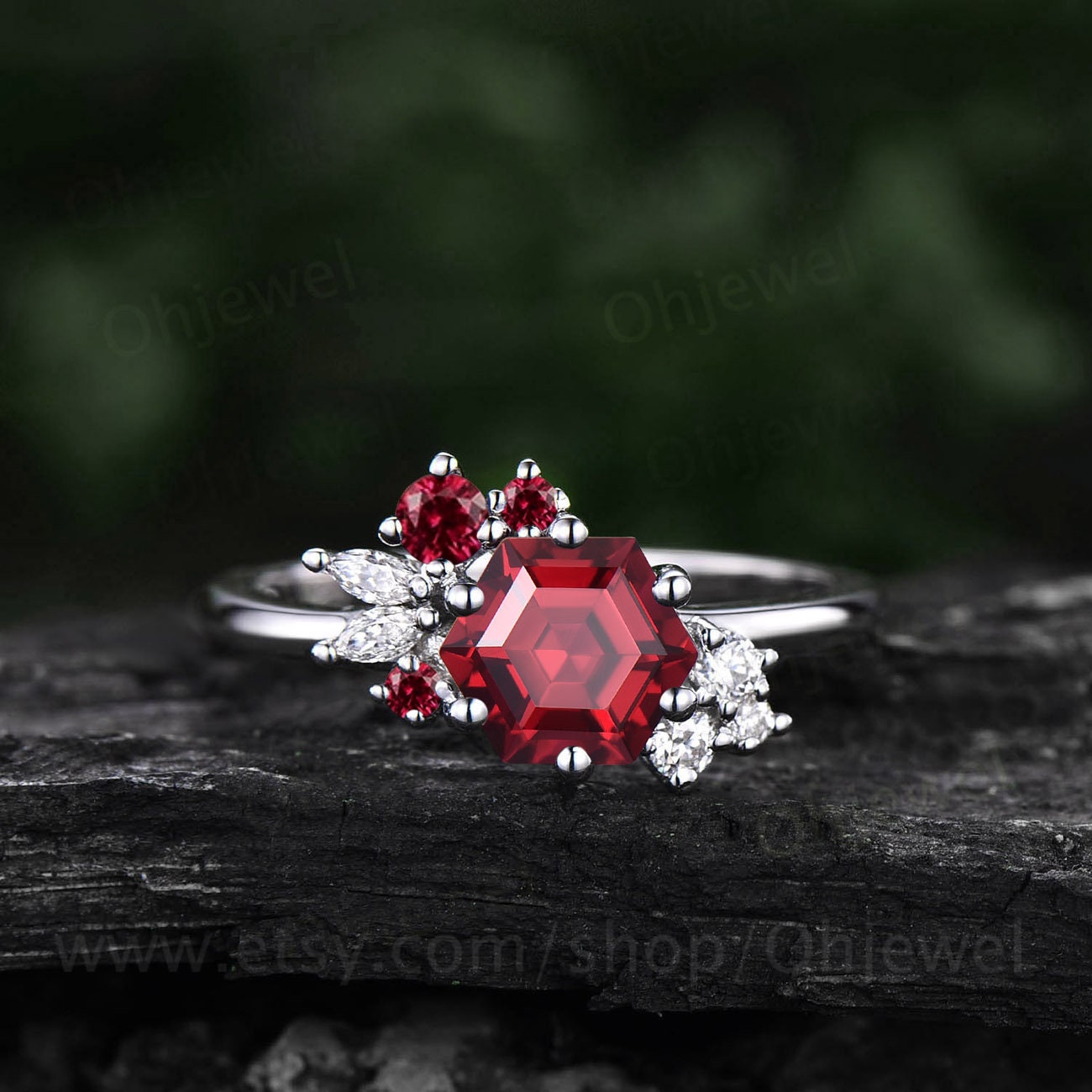 Hexagon Cut Red Ruby Ring Gold Silver for Women Vintage Unique Ruby ...