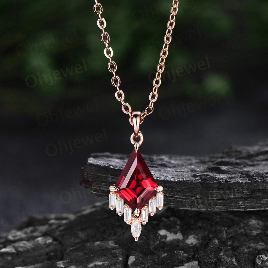 Kite Cut Red Ruby Necklace 14k Rose Gold Cluster Marquise Baguette Cut ...