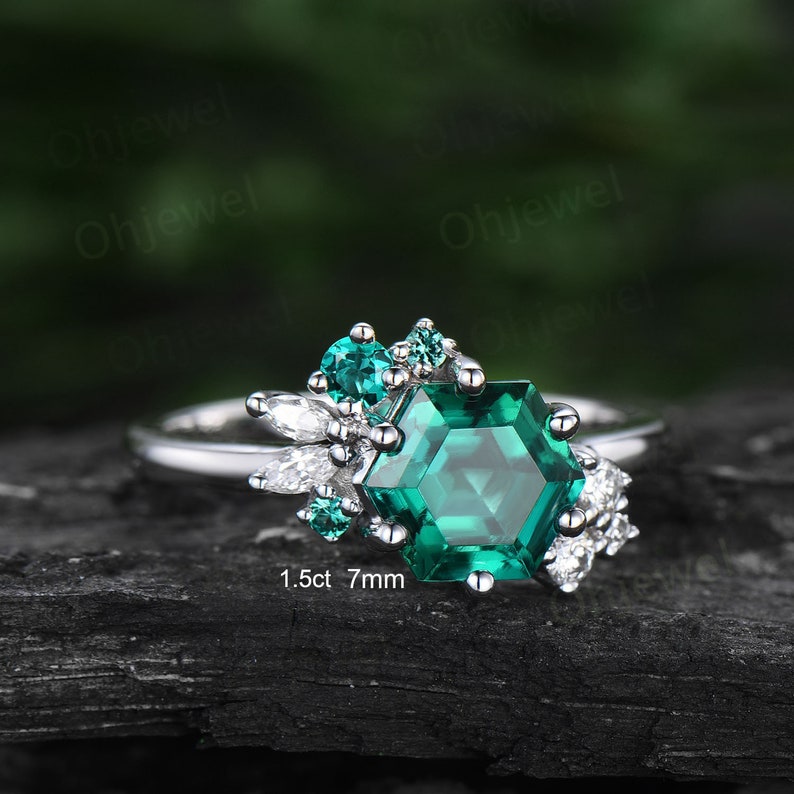 Hexagon Cut Emerald Ring Gold Silver for Women Cluster Vintage - Etsy