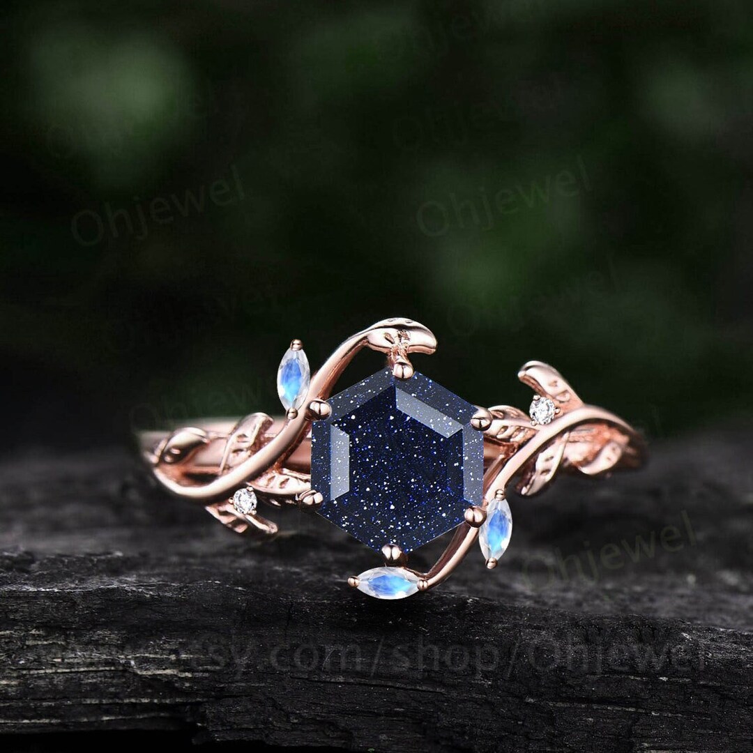 Hexagon Cut Blue Sandstone Ring Vintage Moonstone Ring Leaf Rose Gold ...