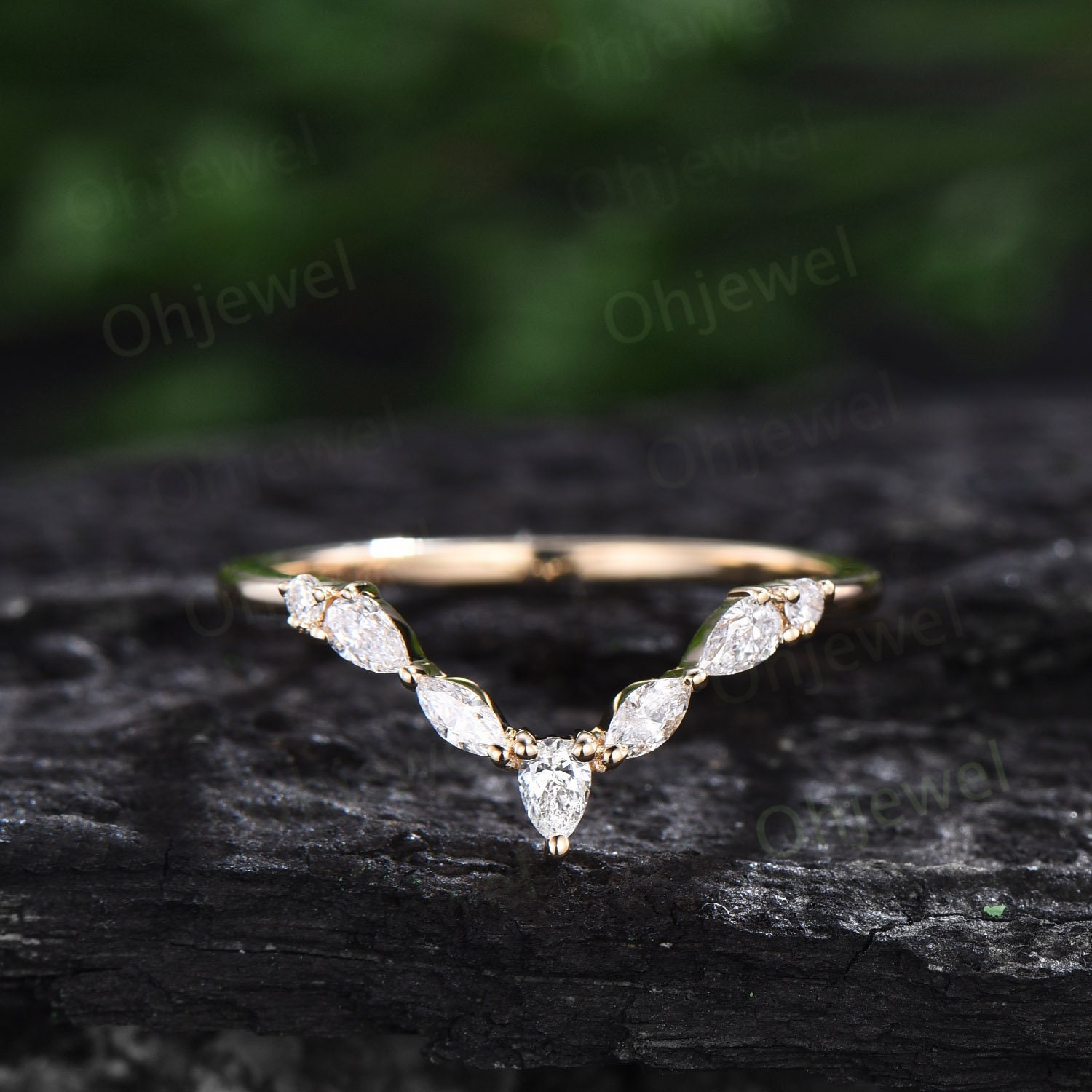 Curved Marquise Cut Diamond Wedding Band 14k Yellow Gold Pear Shaped ...