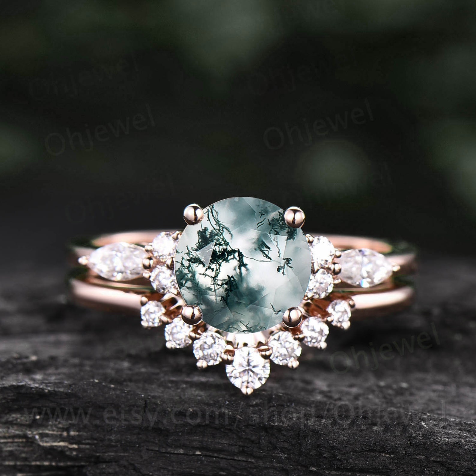Vintage Moss Agate Engagement Ring Set for Women Round Cut Moss Agate ...
