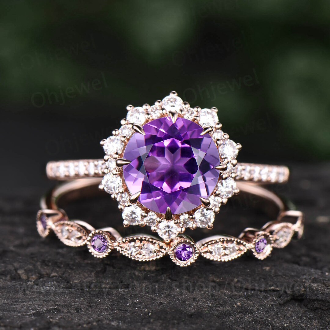 2ct Round Amethyst Ring Rose Gold Vintage Unique Amethyst Engagement ...