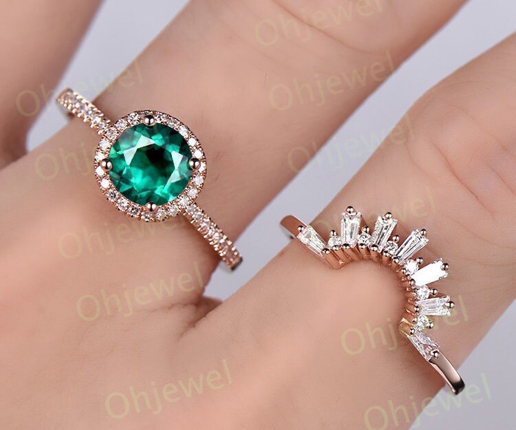 1.2ct Emerald Engagement Ring Set Rose Gold 14K/18K Emerald - Etsy