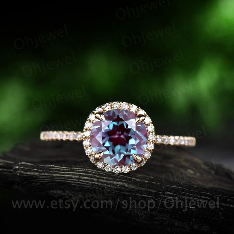 6.5mm Round Alexandrite Ring for Women Vintage Halo Cluster - Etsy