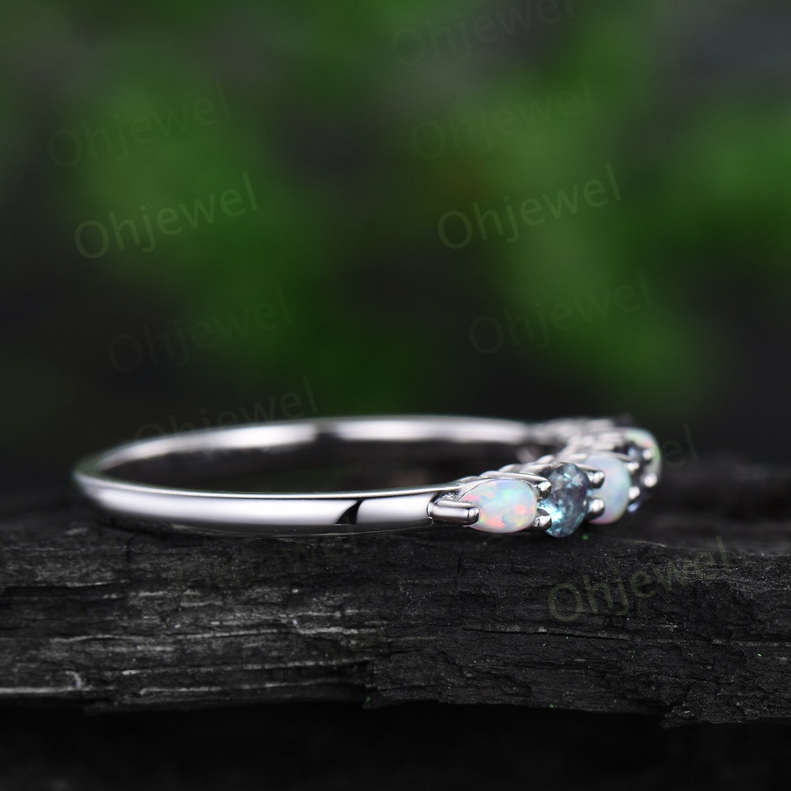 Dainty Round Opal Alexandrite Wedding Band Half Eternity Solid 14k Rose ...